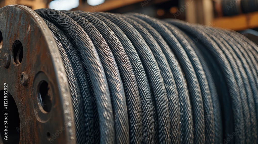 Strong stranded steel cable coiled on industrial reel showcasing ...