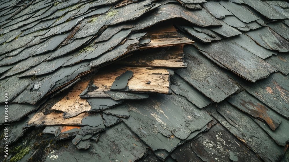 Damaged Slate Roof Shingles with Torn Edges and Weathering Effects ...