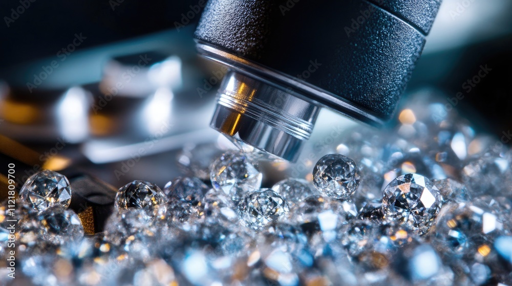 Microscope examining polished natural diamonds for quality assessment ...