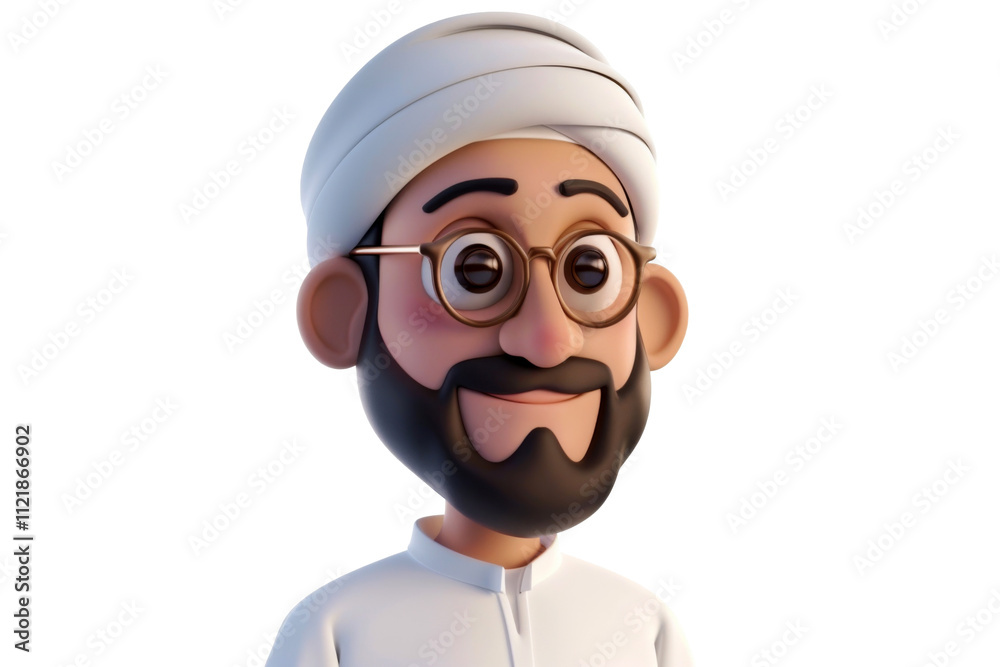 3D cartoon portrait of Muslim man in white traditional attire with ...