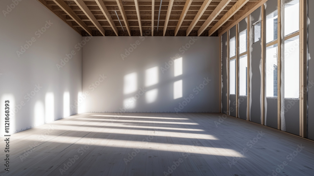Stacked drywall sheets in a partially built room, with beams and ...