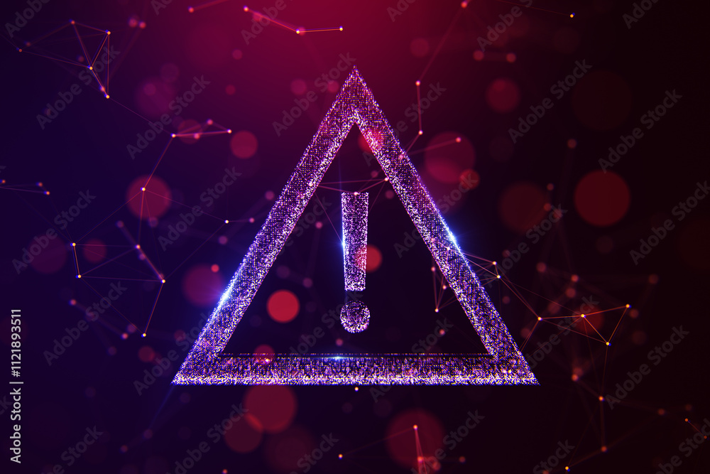 Warning exclamation mark icon in digital hologram style on abstract ...