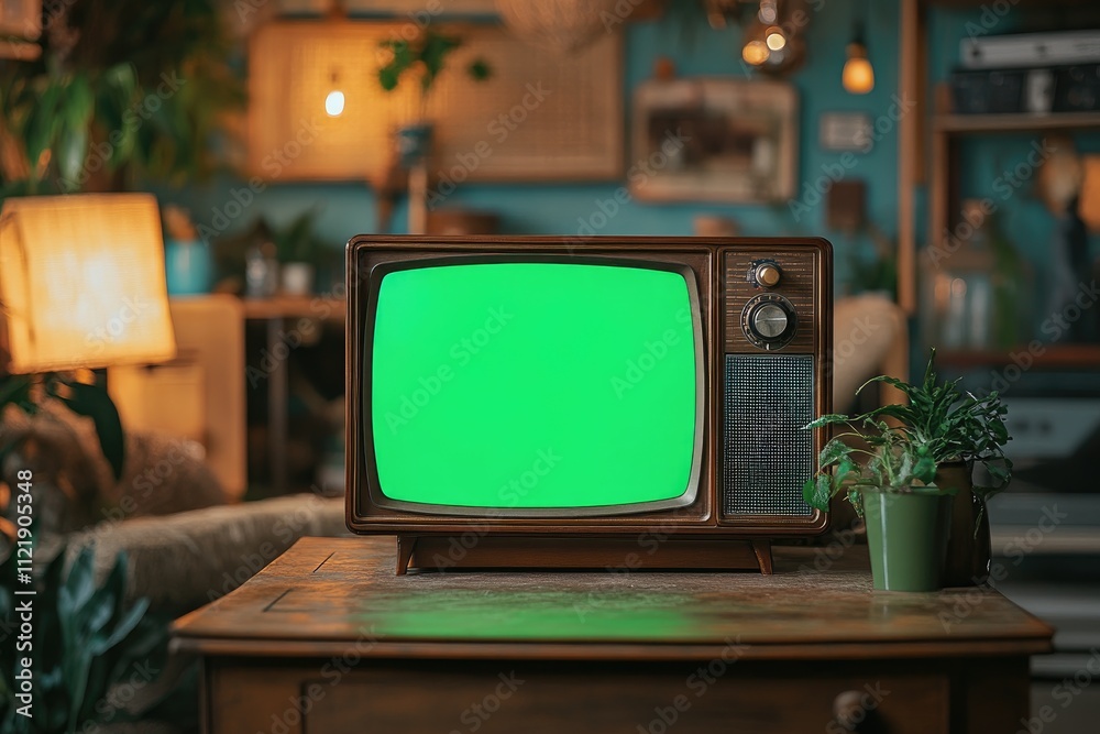 Vintage television set displaying green screen in cozy retro living ...