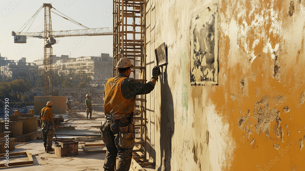 professional painter is applying paint to wall at construction site ...