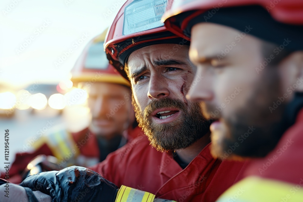Emergency responders wearing helmets and uniforms, displaying intense ...