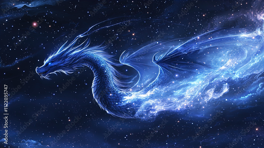 A majestic dragon, depicted in a stunning cosmic setting, glides ...