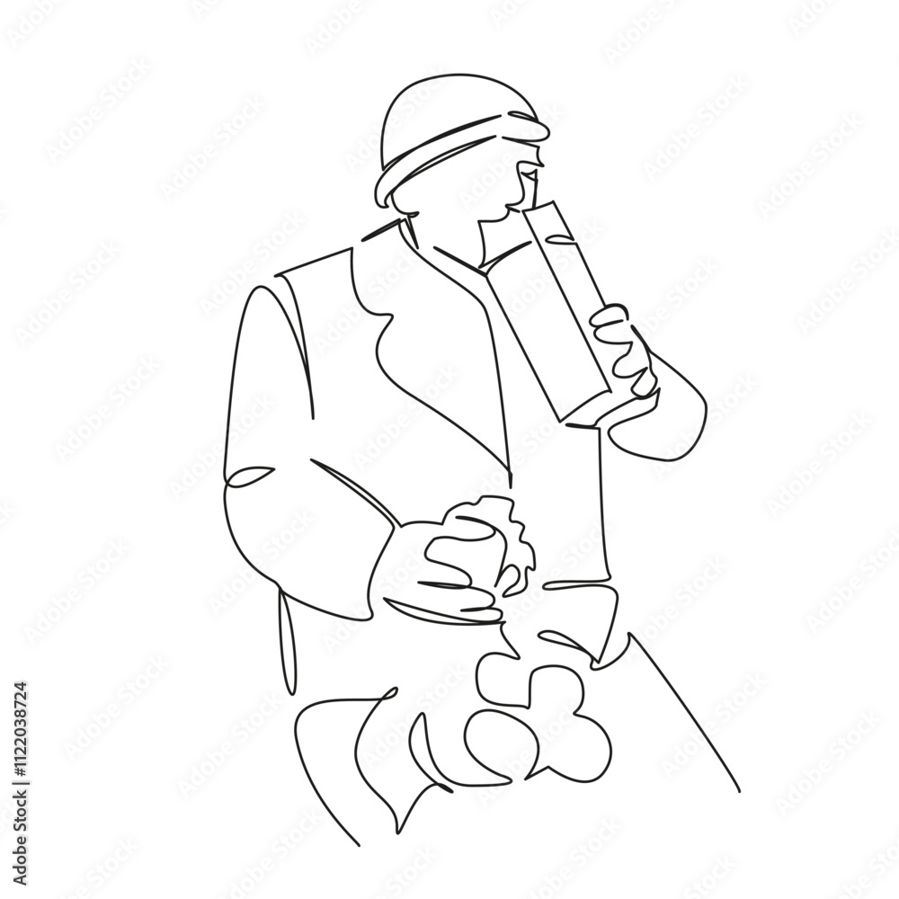 One continuous single drawing line art flat doodle homeless man ...