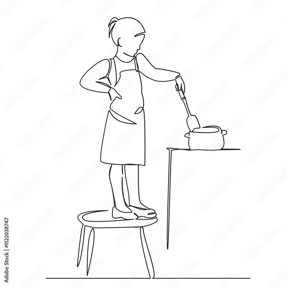 One continuous single drawing line art flat doodle little girl stirs ...