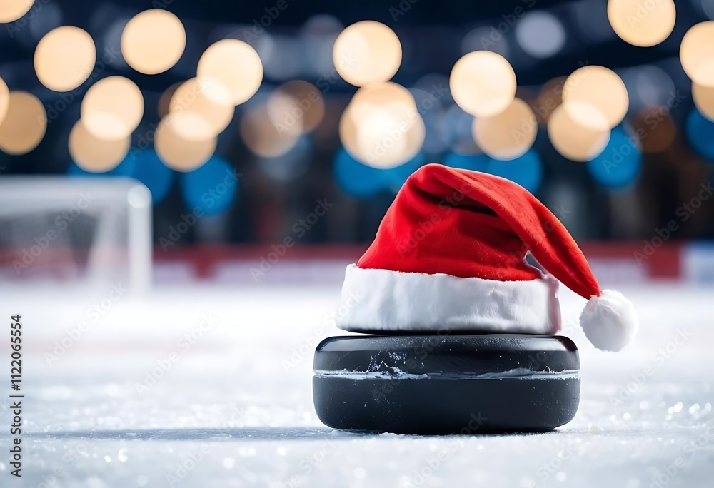 Festive curling stone with Santa hat on ice rink, perfect for Christmas ...