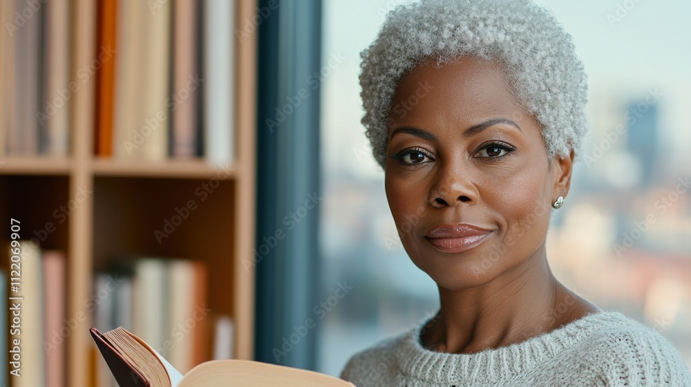 Confident mature Black woman with short gray hair holding an open book ...