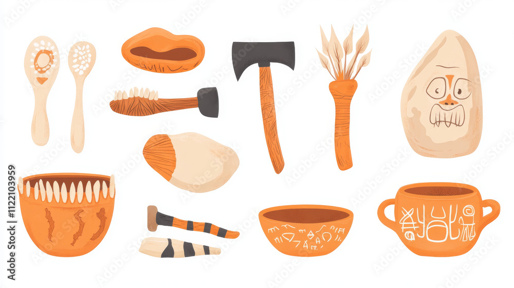 Ilustración de Stock Prehistoric objects set animal skin, clay pot and ...