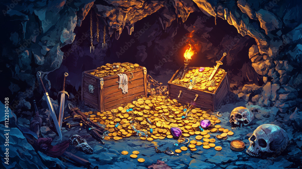 Cave with treasure, pile of gold coins, jewelry and gem. Vector cartoon ...