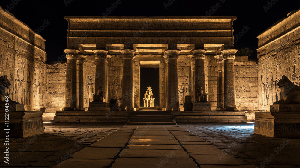 Ancient throne in egyptian palace at night. Dark old egypt temple ...