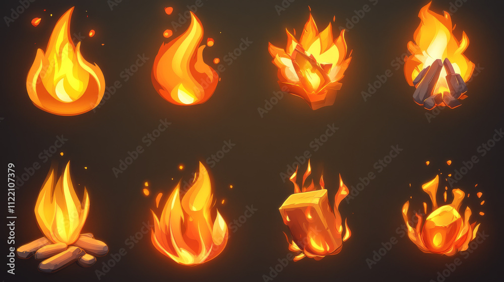 Fire flame emoji icon 3d vector illustration set. Various orange sprite ...