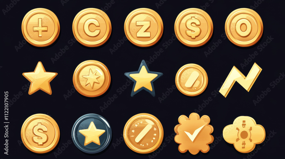 ภาพประกอบ Stock Game bars with gold coins, star, power symbol, plus and ...
