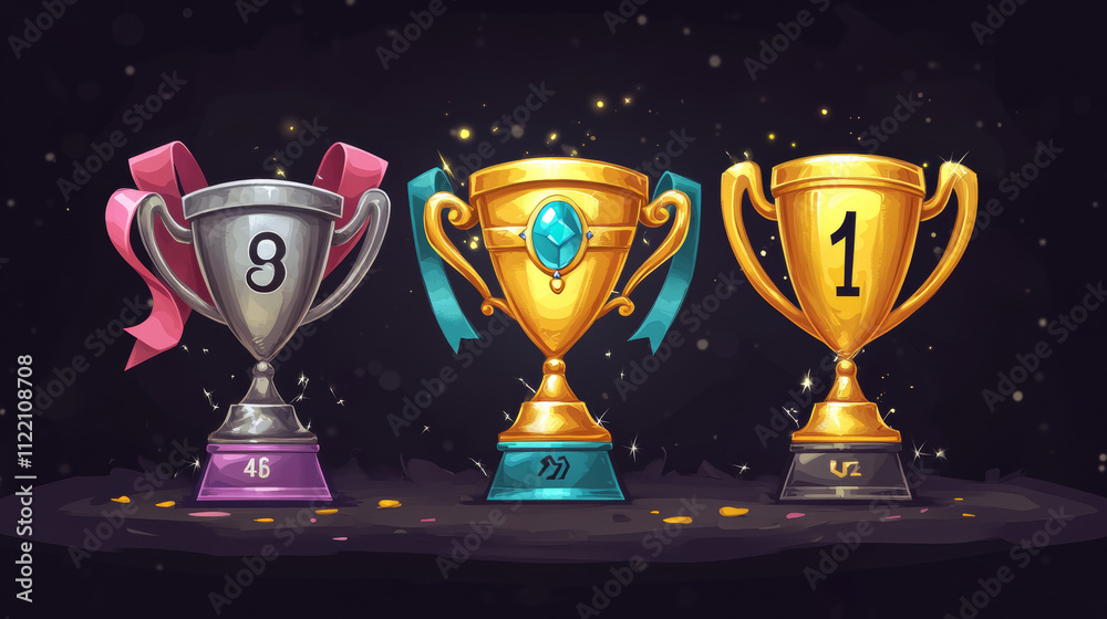 Collection of winner cups made of gold, silver and bronze metal ...