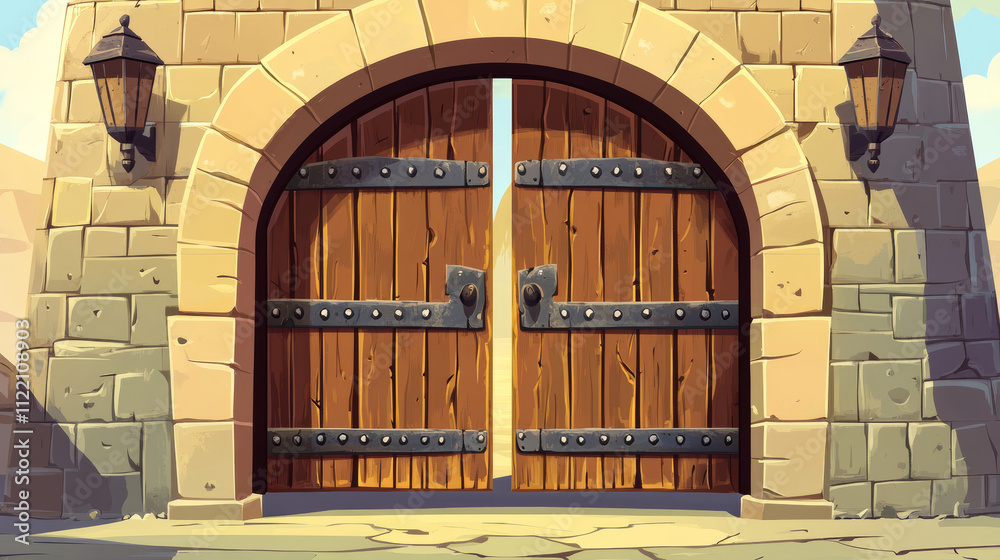 Cartoon medieval castle gates opening animation for game. Palace door ...