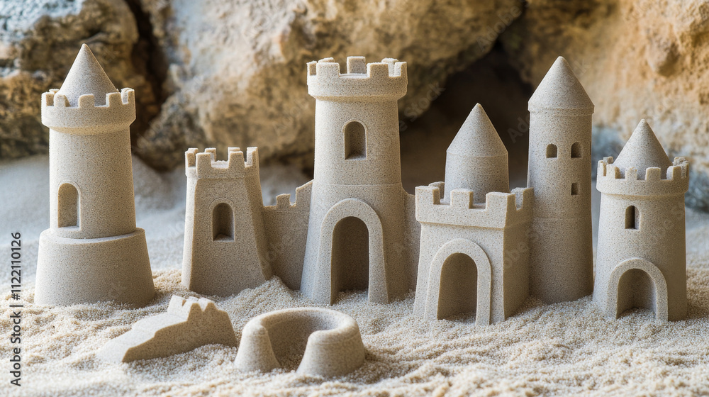 Cartoon sandcastle sculpture with towers and gates. Vector illustration ...