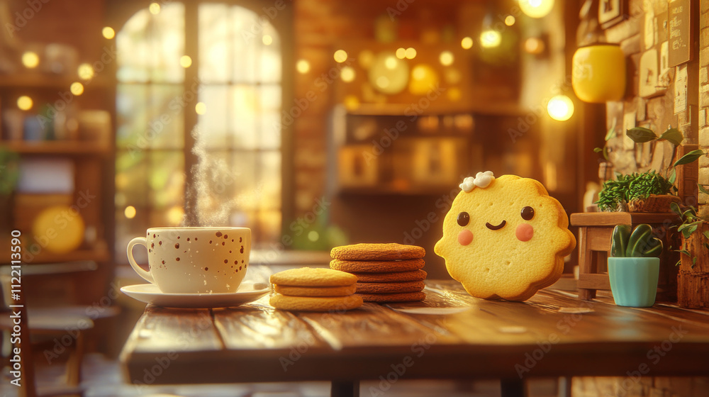 Cute cookies characters in coffee shop. Vector cartoon illustration of ...