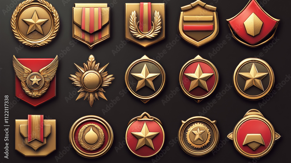 Golden military badges, army rank insignia for ui game interface. War ...