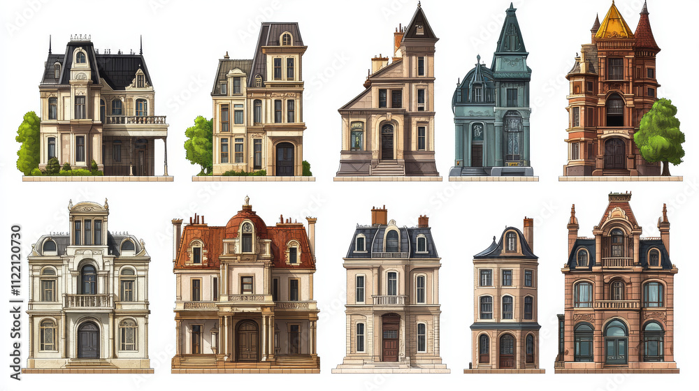 Urban retro colonial style building cartoon vector set illustration ...