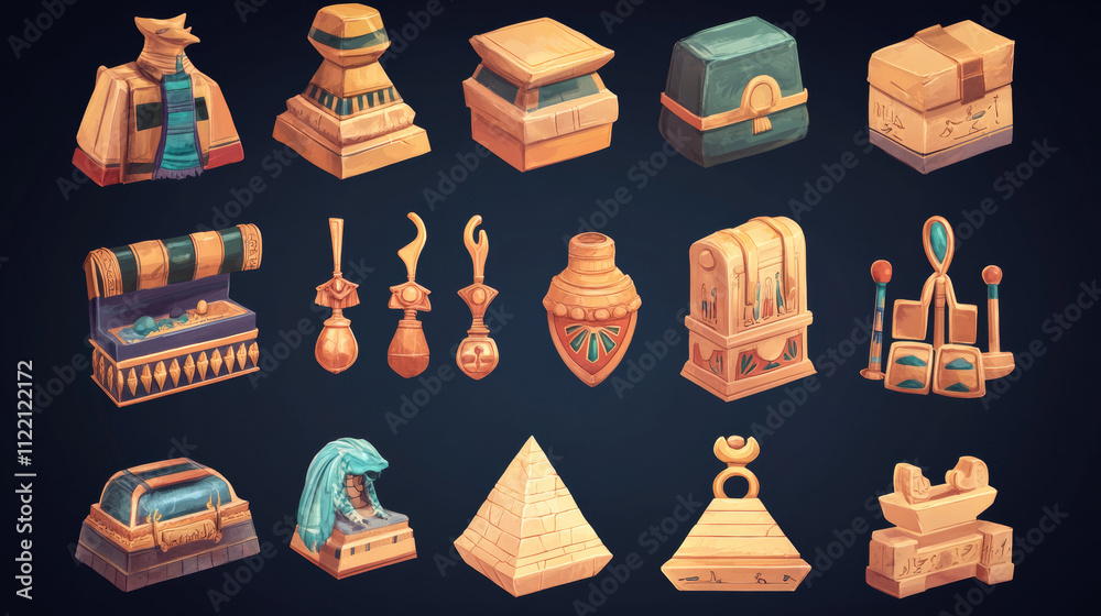 Ancient pharaoh egyptian treasure and sarcophagus cartoon vector set ...