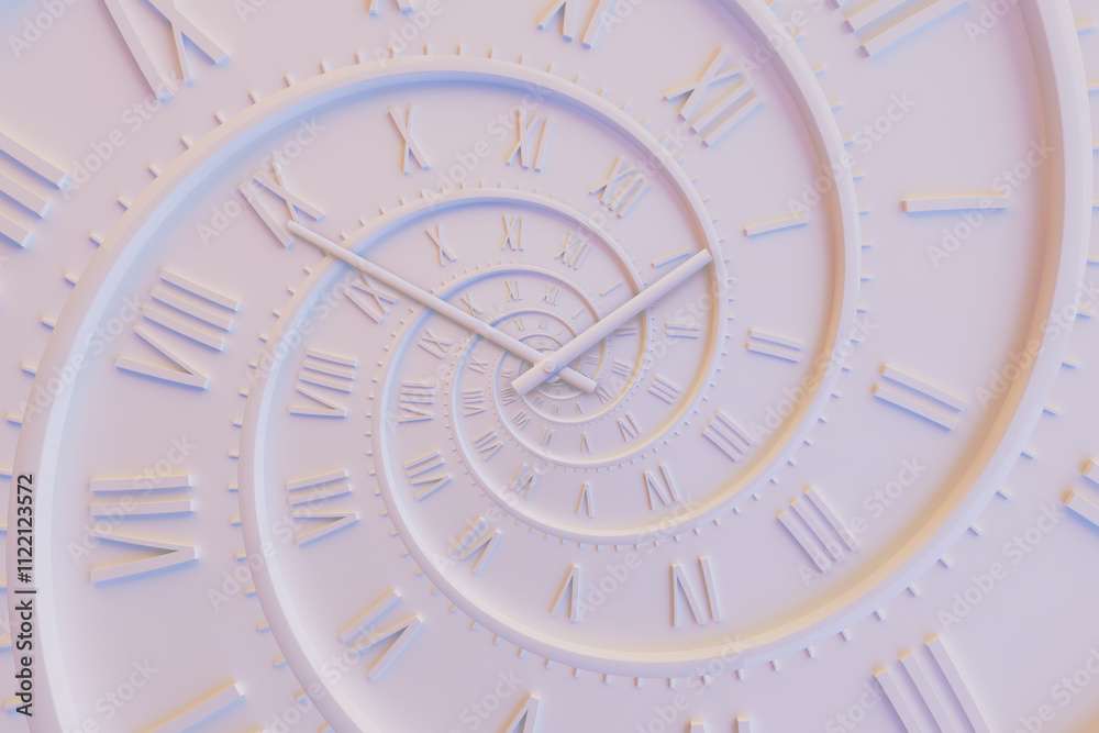 Abstract modern white spiral clock dial with roman numerals. Concept of ...