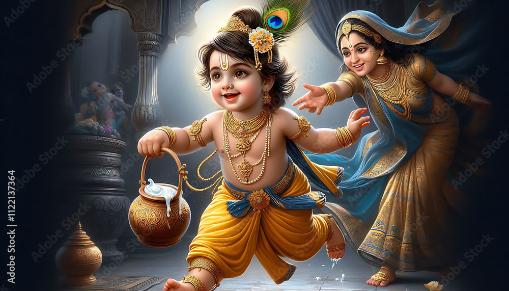 little krishna running away from yashoda Stock Illustration | Adobe Stock
