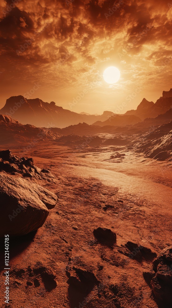Martian Landscape Captured in HDRI, Showcasing Equidistant Projection and Vibrant Sunset Hues ...
