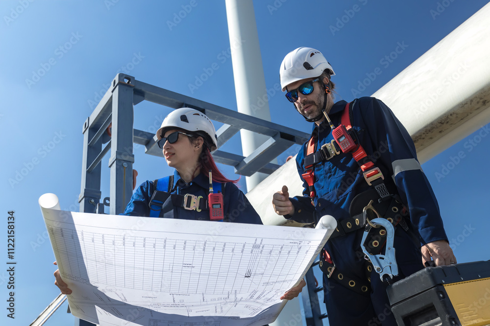 Inspection engineers a rotor blade of a wind turbine. Professional Man ...