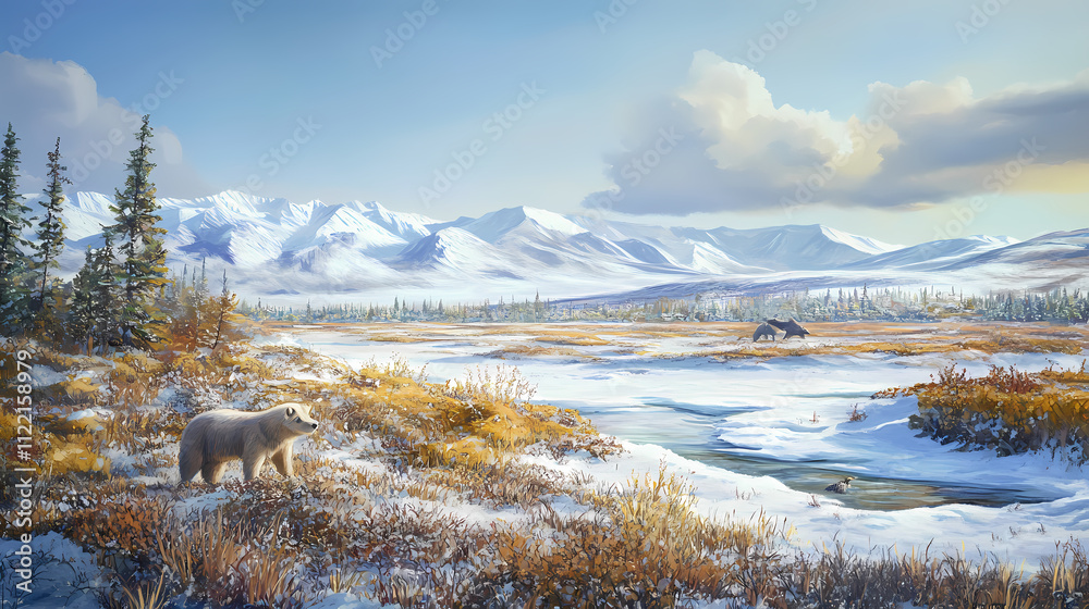 Artistic depiction of a tundra ecosystem, including permafrost, low ...