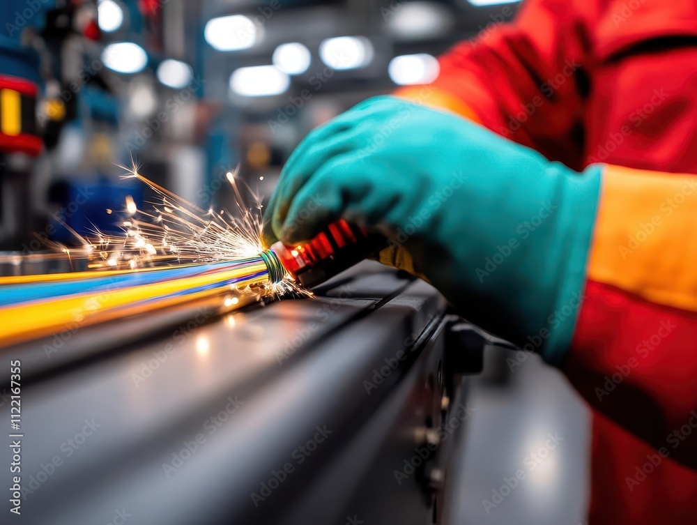 Technician using a fiber optic fusion splicer, vibrant sparks ...