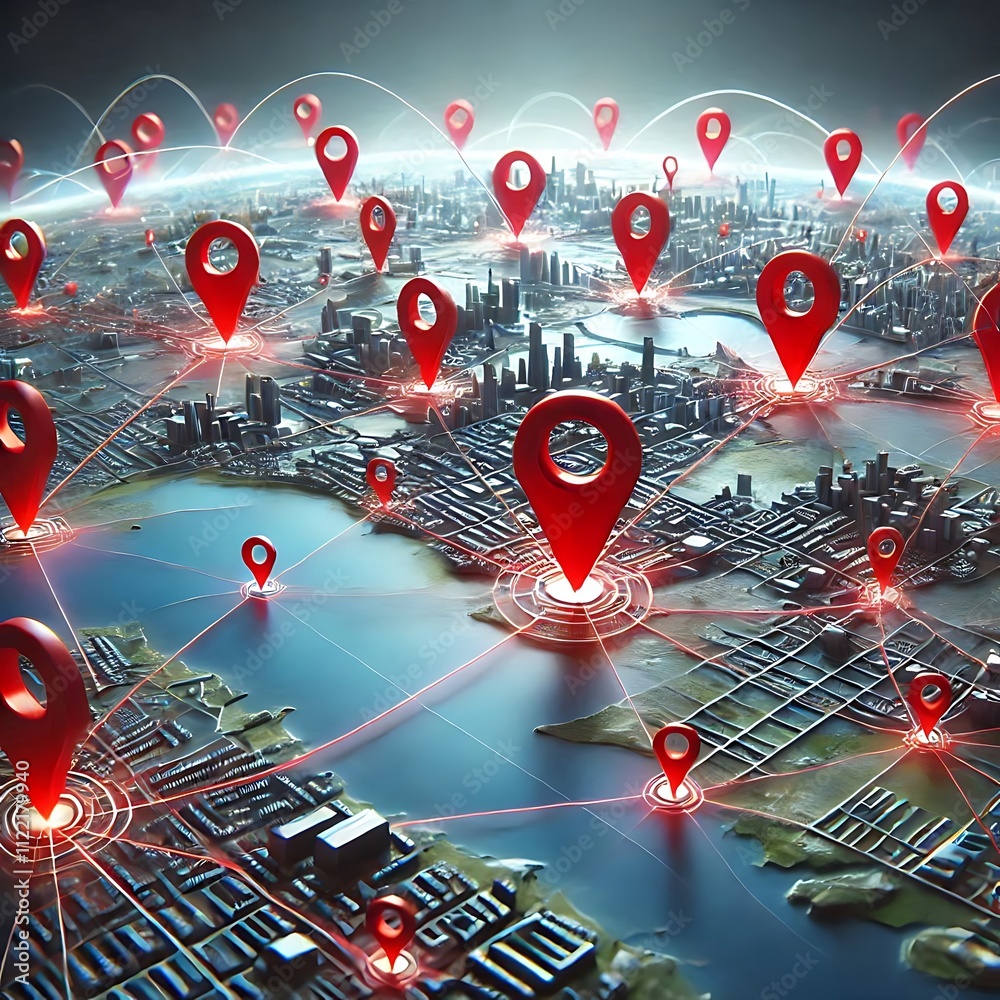 3d map with red location pins and network lines illustrating GIS ...