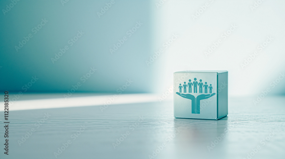 Teamwork concept: A small cube depicting an icon of hands coming ...