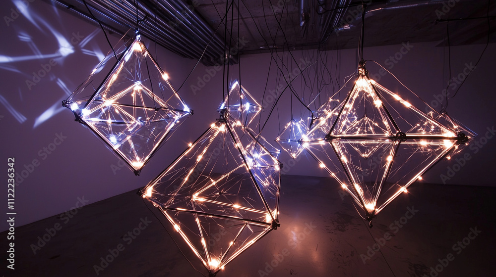 Five translucent, geometric light sculptures hang from the ceiling ...