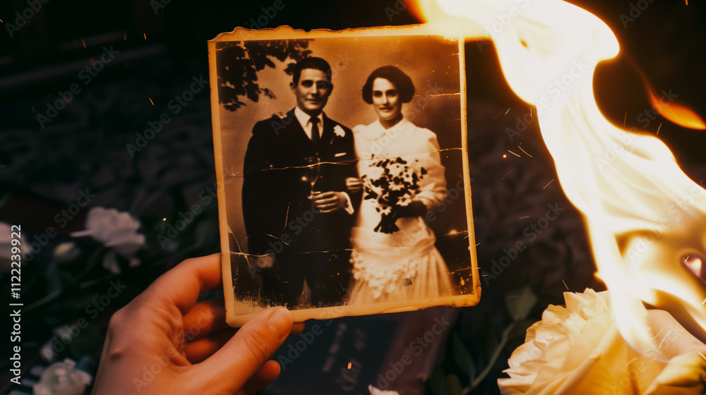 A hand holds a burning wedding photo, flames engulfing the image of the ...