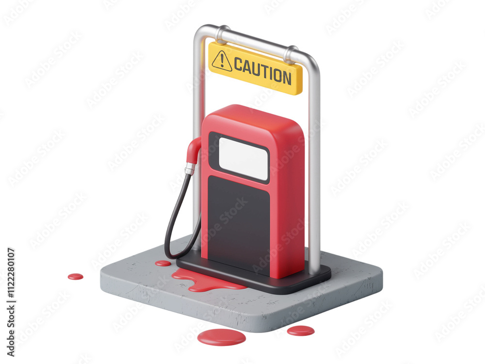 3d render of Gasoline pump with caution sign spills fuel on concrete ...