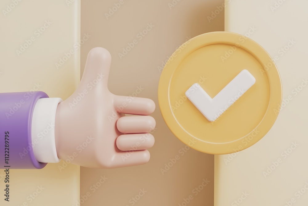 3D cartoon hand giving thumbs up next to a checkmark, signifying ...