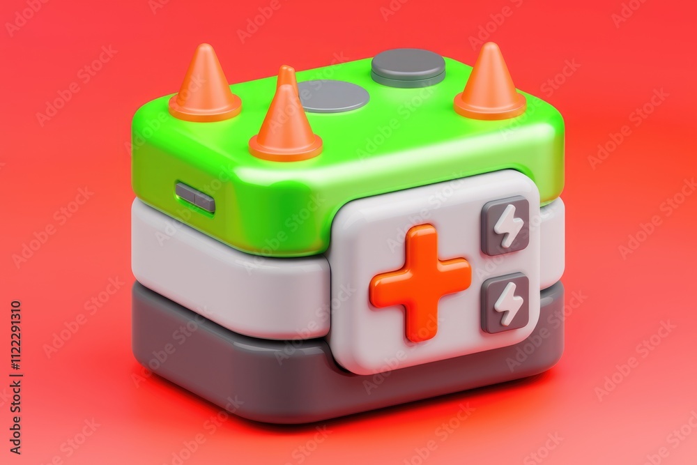 A vibrant, layered 3D model of a stylized game controller with orange ...