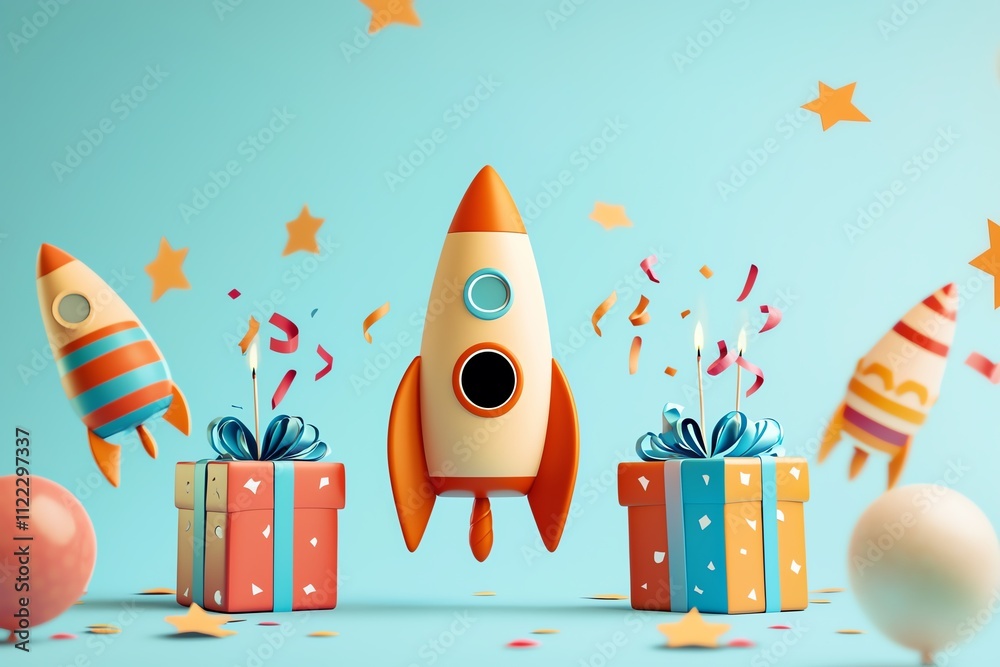 Animated birthday celebration with rocket-powered gift boxes, cheerful ...