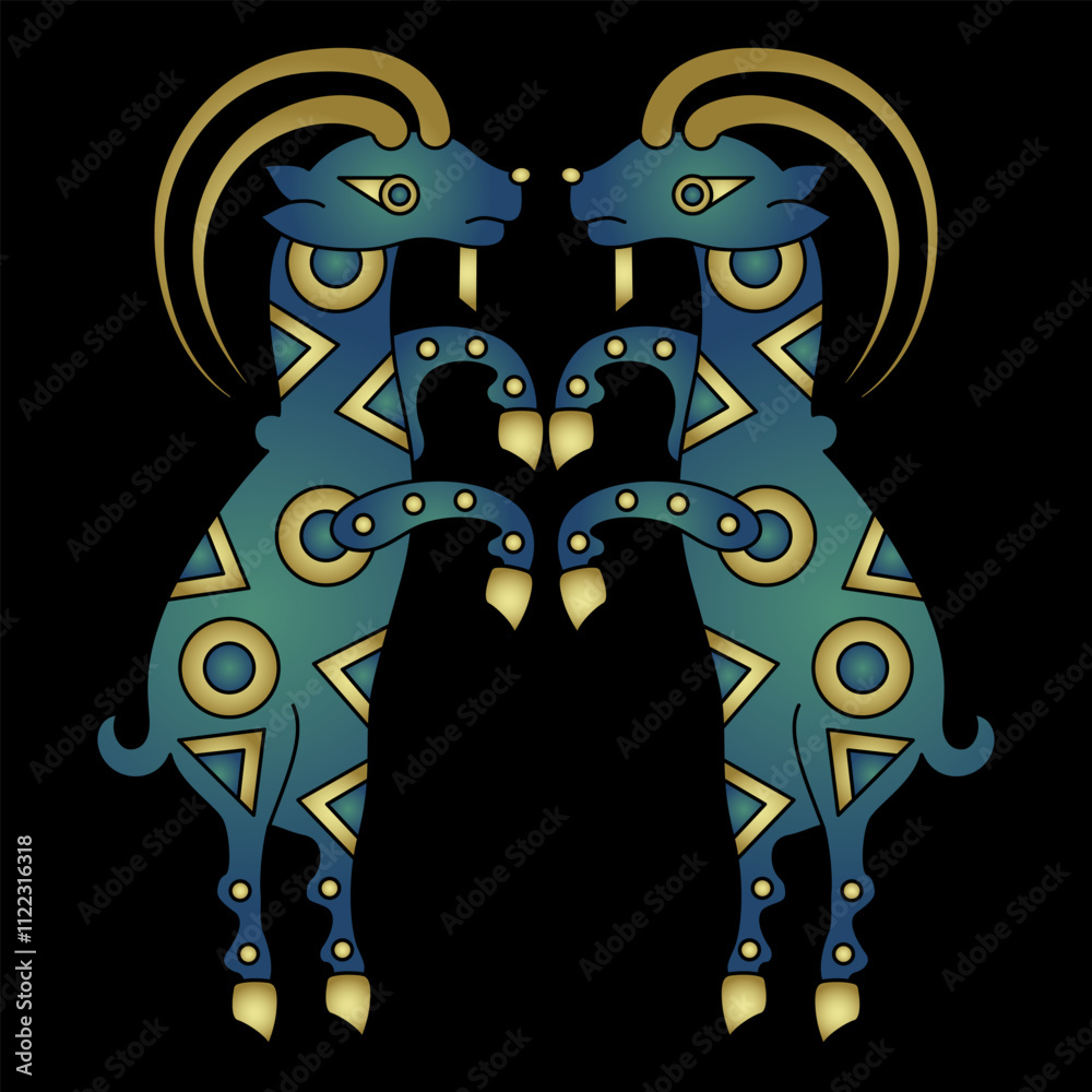 Ethnic animal design with two dancing goats standing on hind legs ...