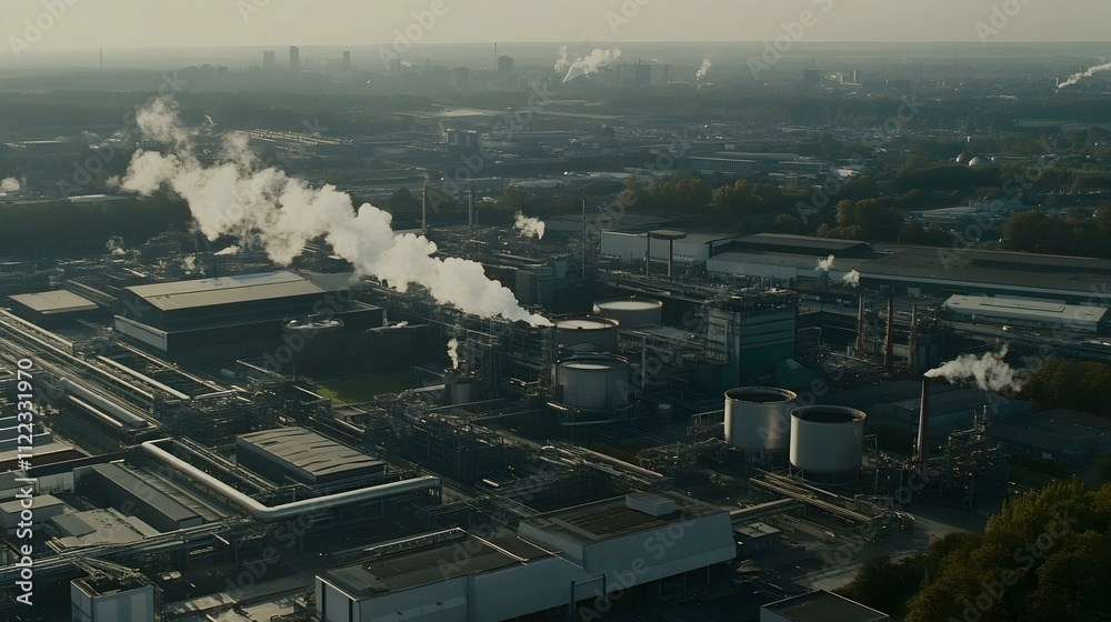 Aerial view of an industrial complex with smoke stacks and storage ...
