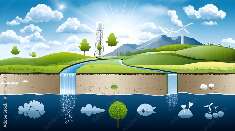 water cycle illustration: nature's flow - sustainability Stock ...