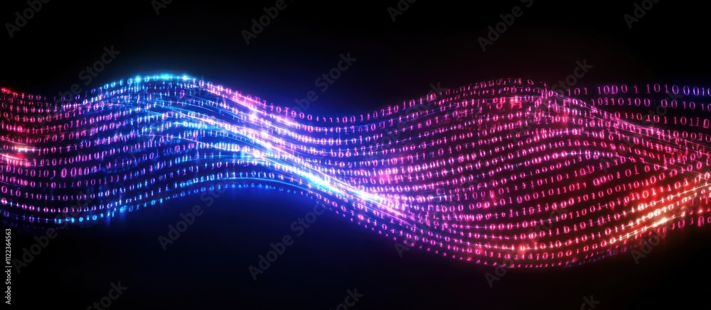 Cybernetic binary code flowing in streams of neon lights, with illuminated lines and dark tech ...