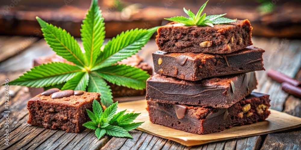 Double Exposure Photography of Medicinal Cannabis Coconut Brownies with Leaf and Bud Highlights ...