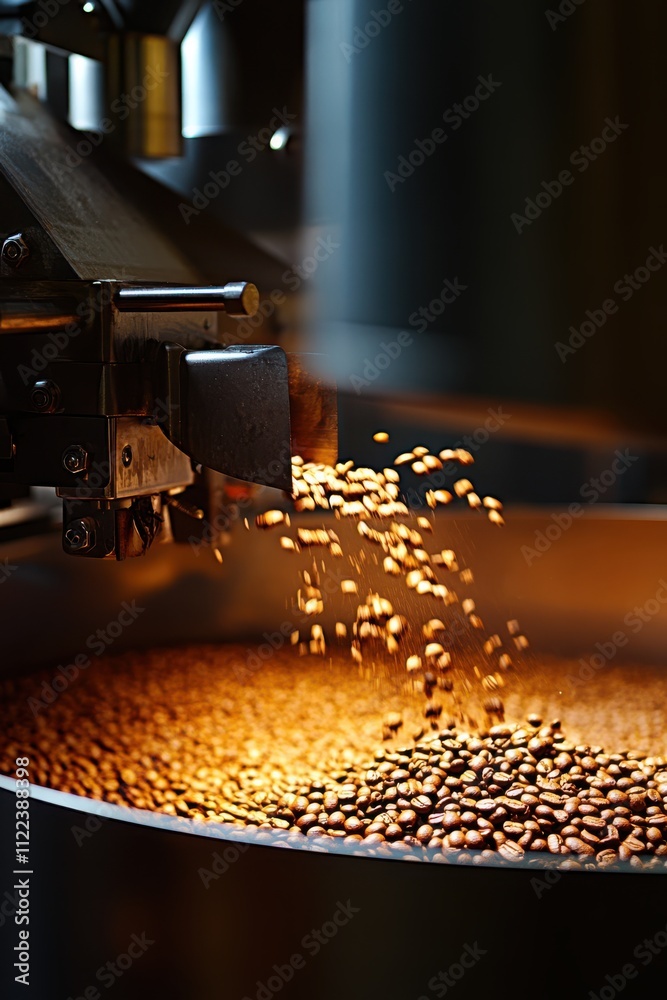 A sleek commercial-grade coffee roaster processing beans in a busy ...