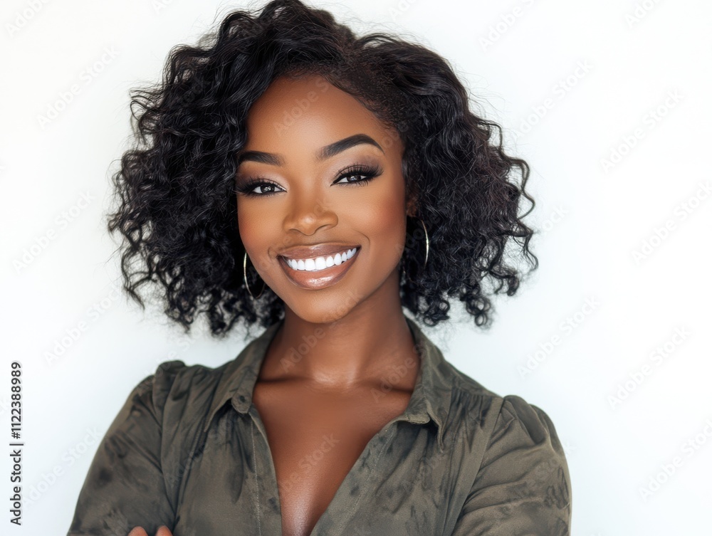 Beautiful Black woman with natural curls, wearing a stylish outfit on a ...