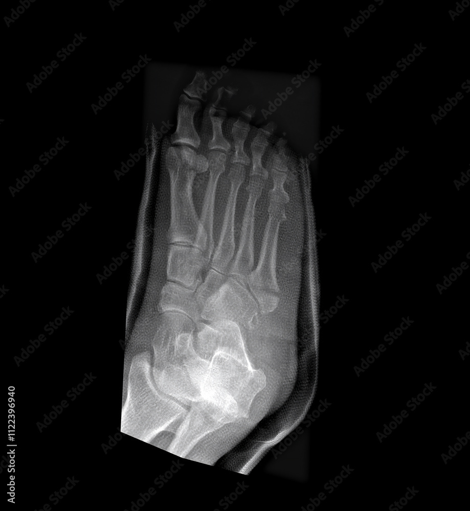 x-ray of foot fractured metatarsal bone. roken foot, oblique view, show ...