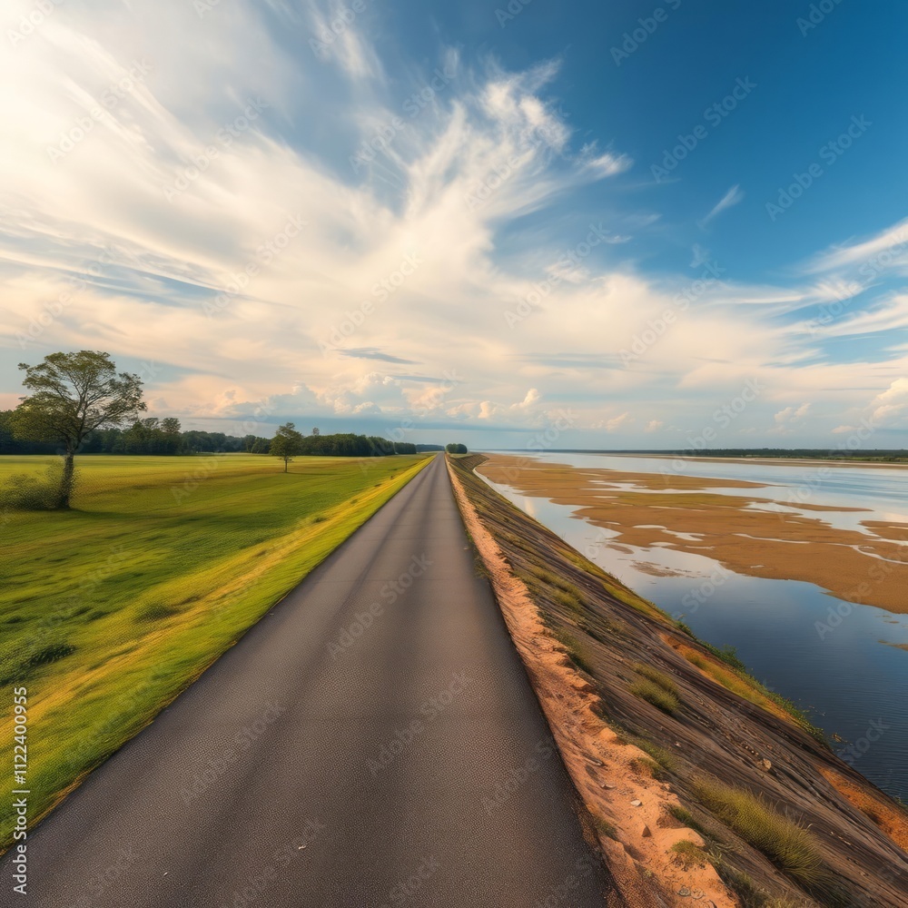 Paved bike path on top of earthen dike levee along mississippi river in ...