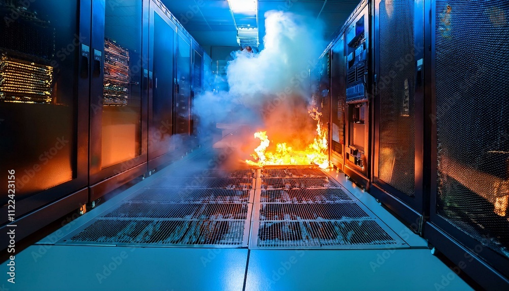 A small electrical fire in a server room, with visible smoke and fire ...